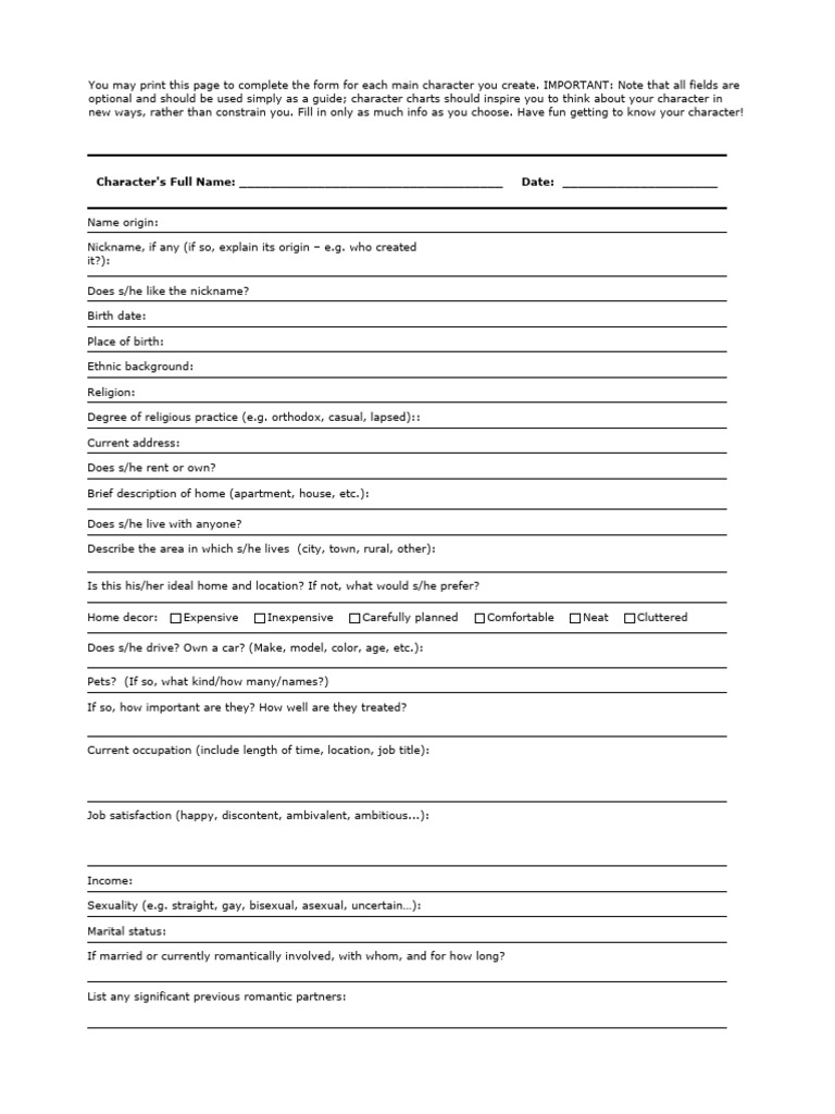 Character Backstory Chart | PDF | Romance (Love) | Hair
