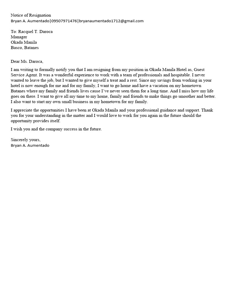 Resignation Letter from Hotel Waiter | PDF | Career & Growth | Cooking ...