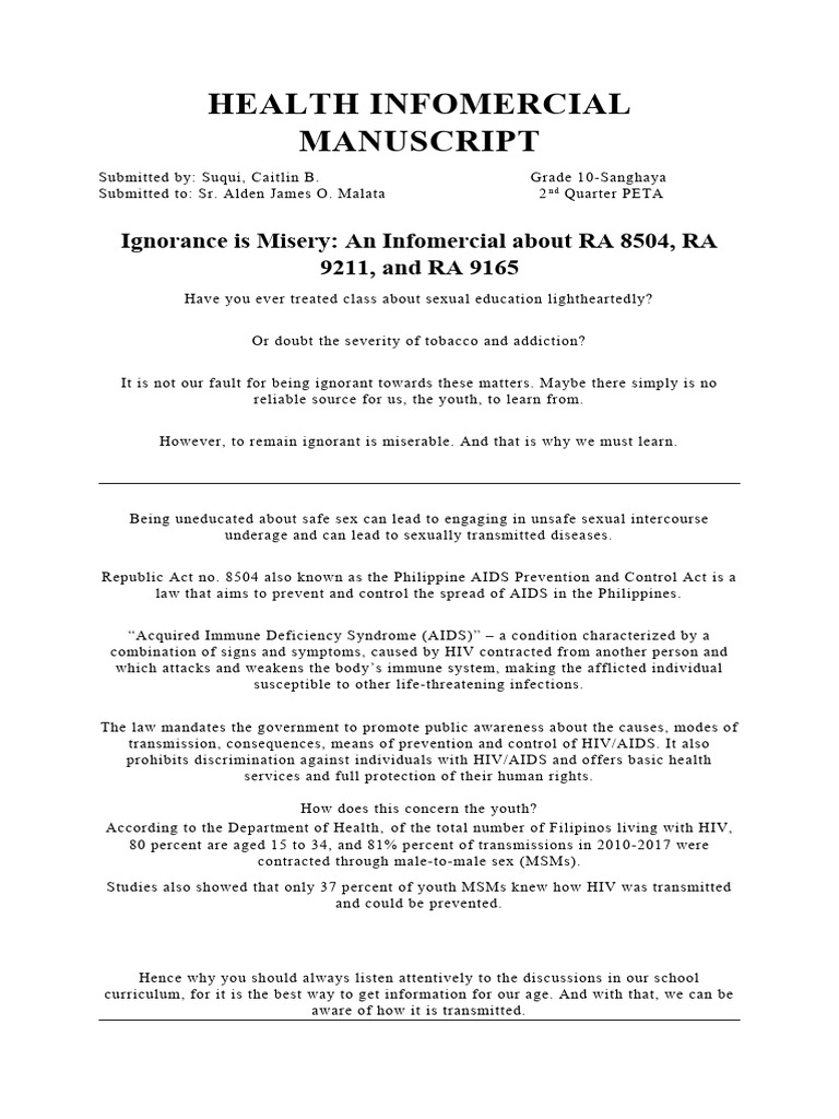 Health Infomercial Manuscript | PDF | Tobacco Smoking | Addiction