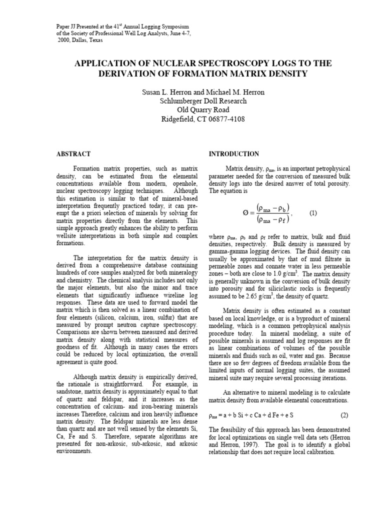 APPLICATION OF NUCLEAR SPECTROSCOPY Logs To The Derivation of Formation ...