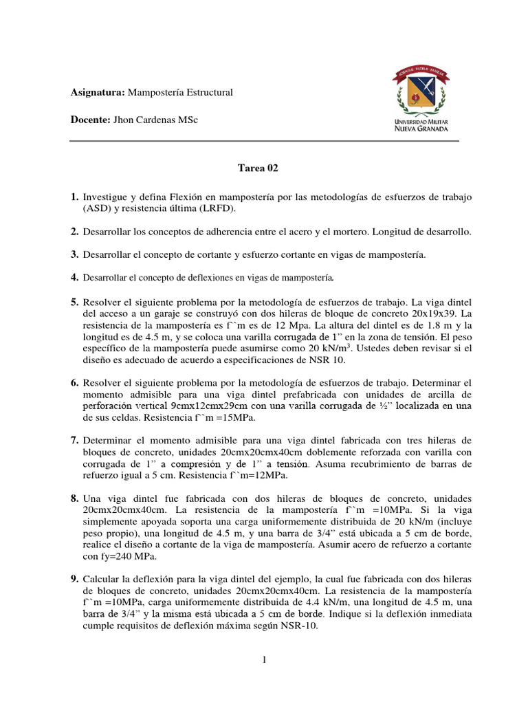 Tarea 02 Mampostería Estructural | PDF | Viga (Estructura) | Albañilería