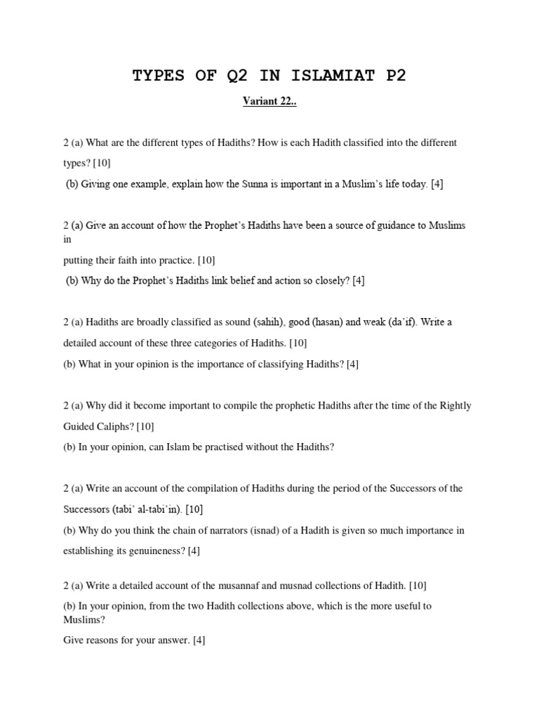 Types of Q2 in p2 Islamiat | PDF | Hadith | Islamic Ethics