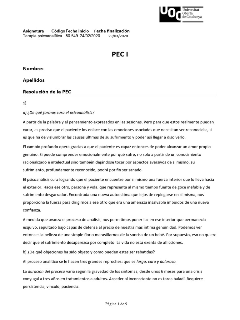 PEC1 Plantilla Respuestas | PDF | Psicoanálisis | Mente inconsciente