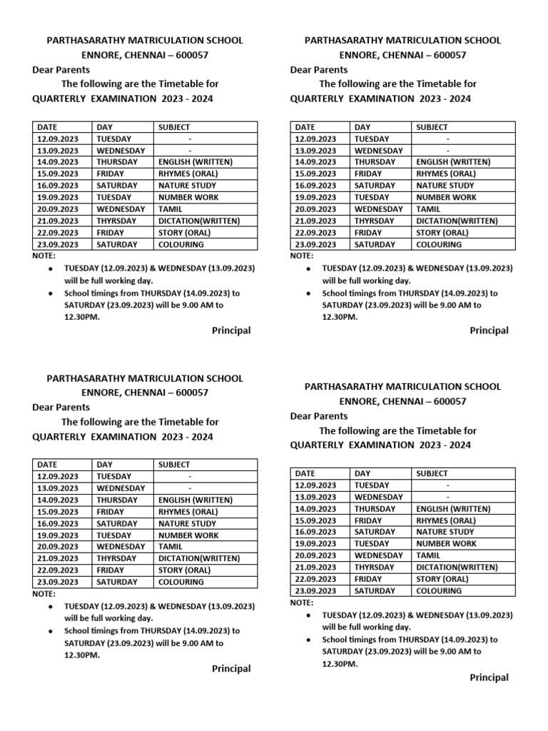 2023-2024 Quarterly Time Table | PDF