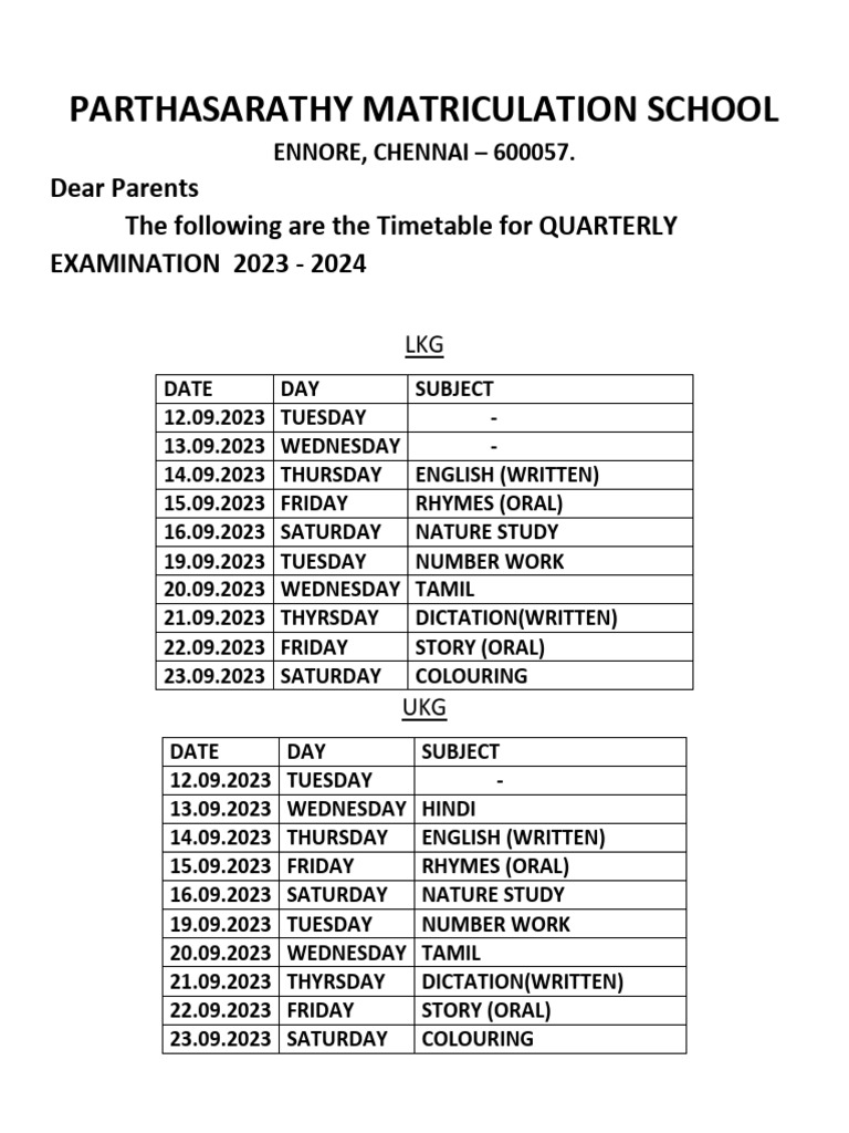 Quarterly Time Table 2023-24 | PDF