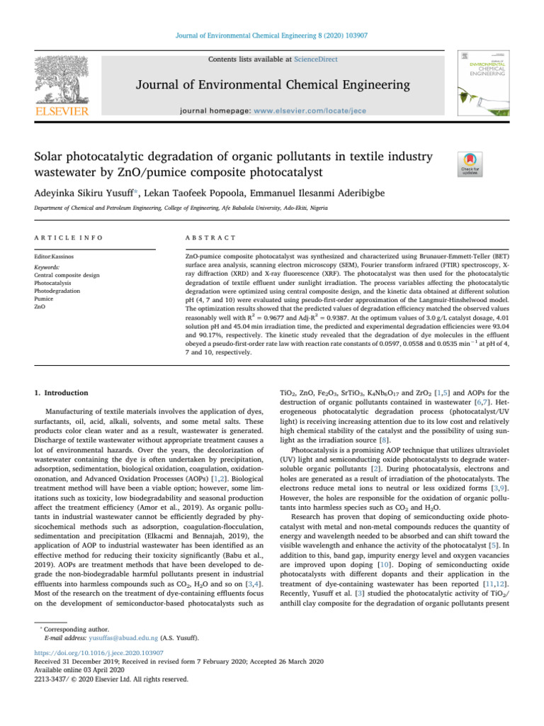 Journal of Environmental Chemical Engineering: Sciencedirect | PDF | Zinc Oxide | Applied And ...