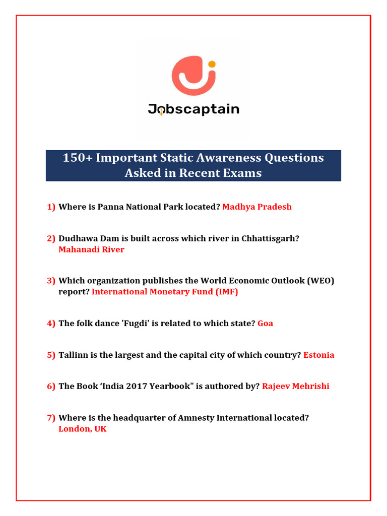 150 Imp Static GK Questions Asked in Recent Exams | PDF | Travel