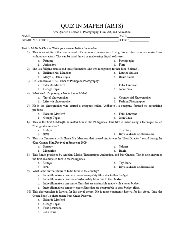 Mapeh Quiz - Arts | PDF | Mass Media
