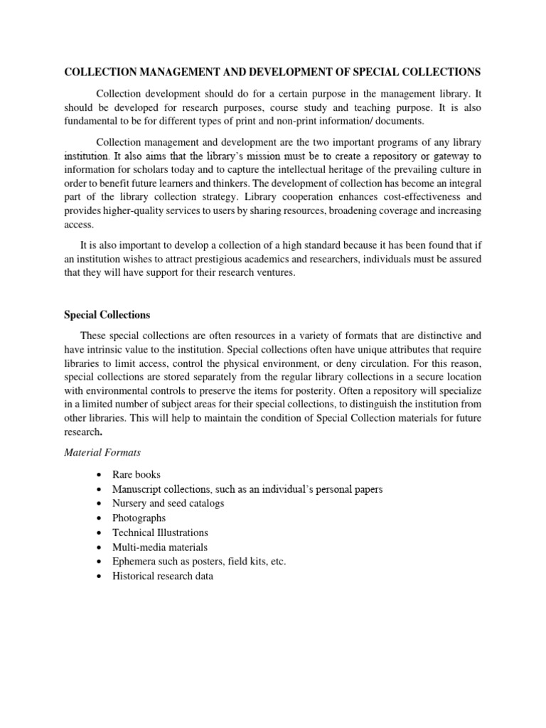 Collection Management and Development of Special Collections (GRP 3 ...