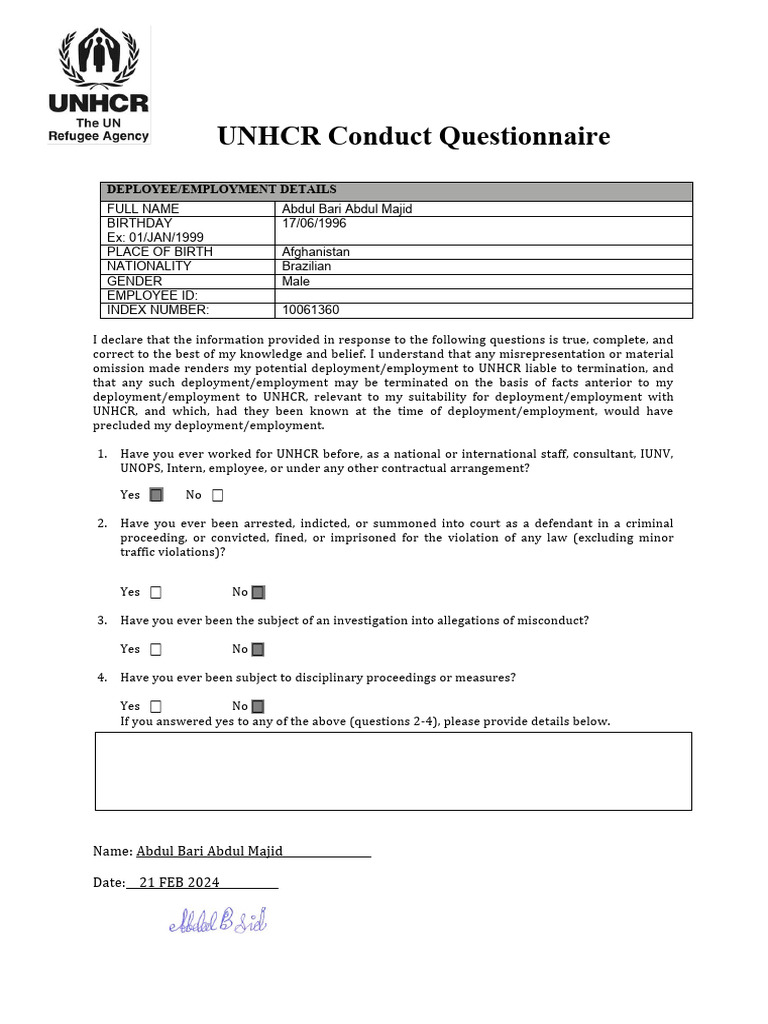 UNHCR Conduct Questionnaire | PDF