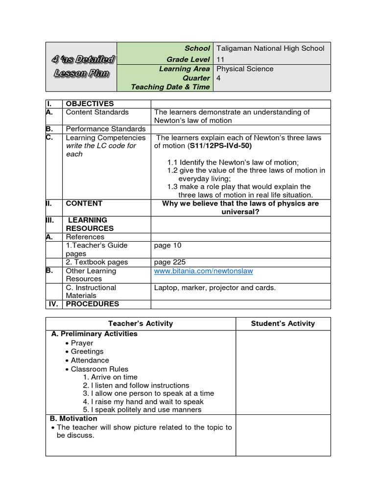 DETAILED LESSON PLAN - Newton's Laws of Motion PDF | PDF