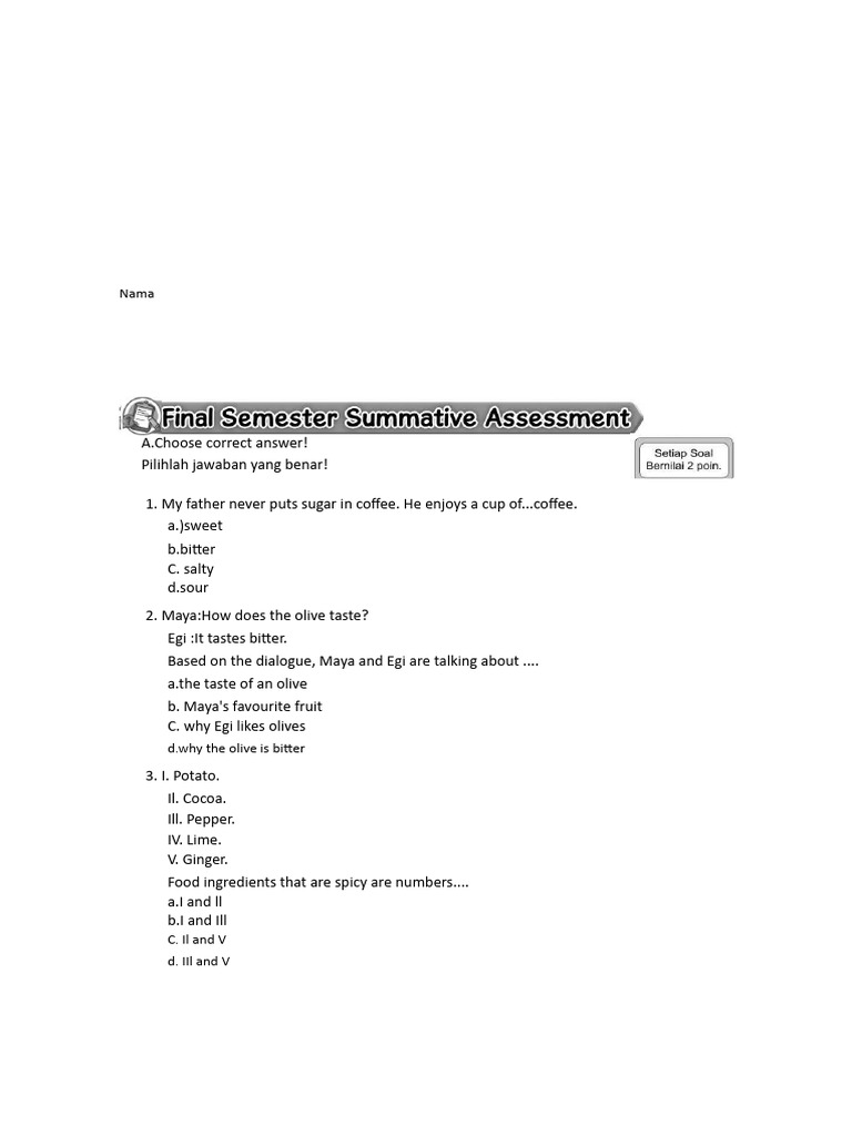 SD Bahasa Inggis 5 Final Semester Summative Assessment | PDF