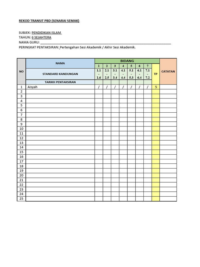 REKOD TRANSIT PBD P.ISLAM THN 6 (Senarai Semak) | PDF