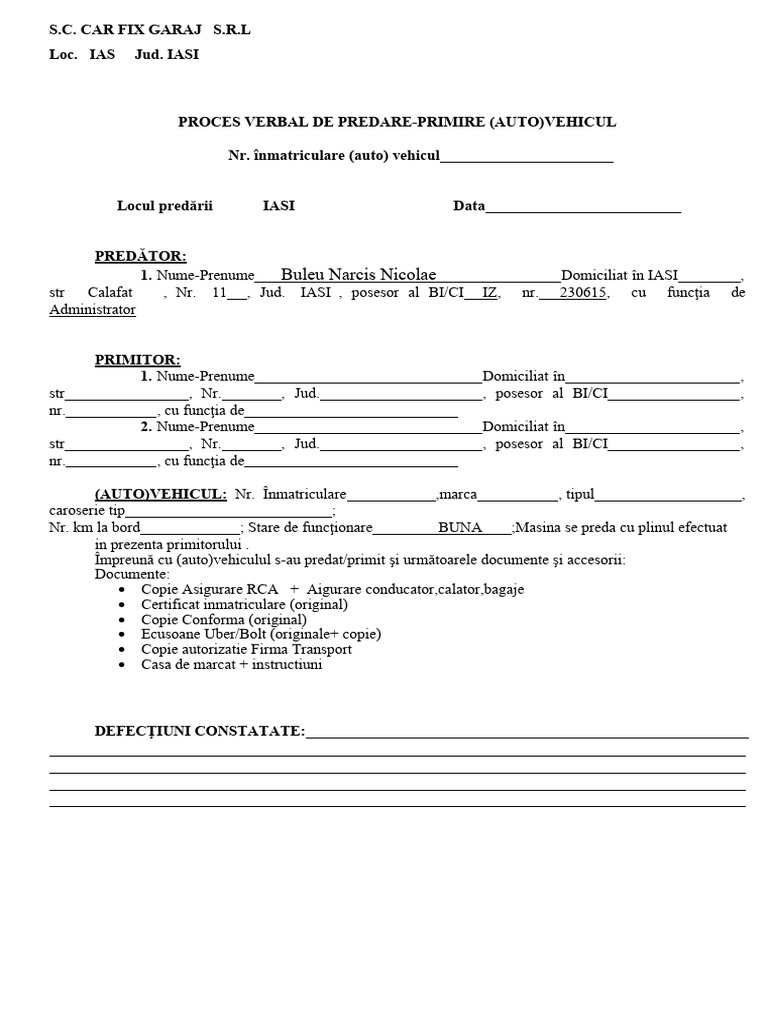 PV Predare Auto | PDF