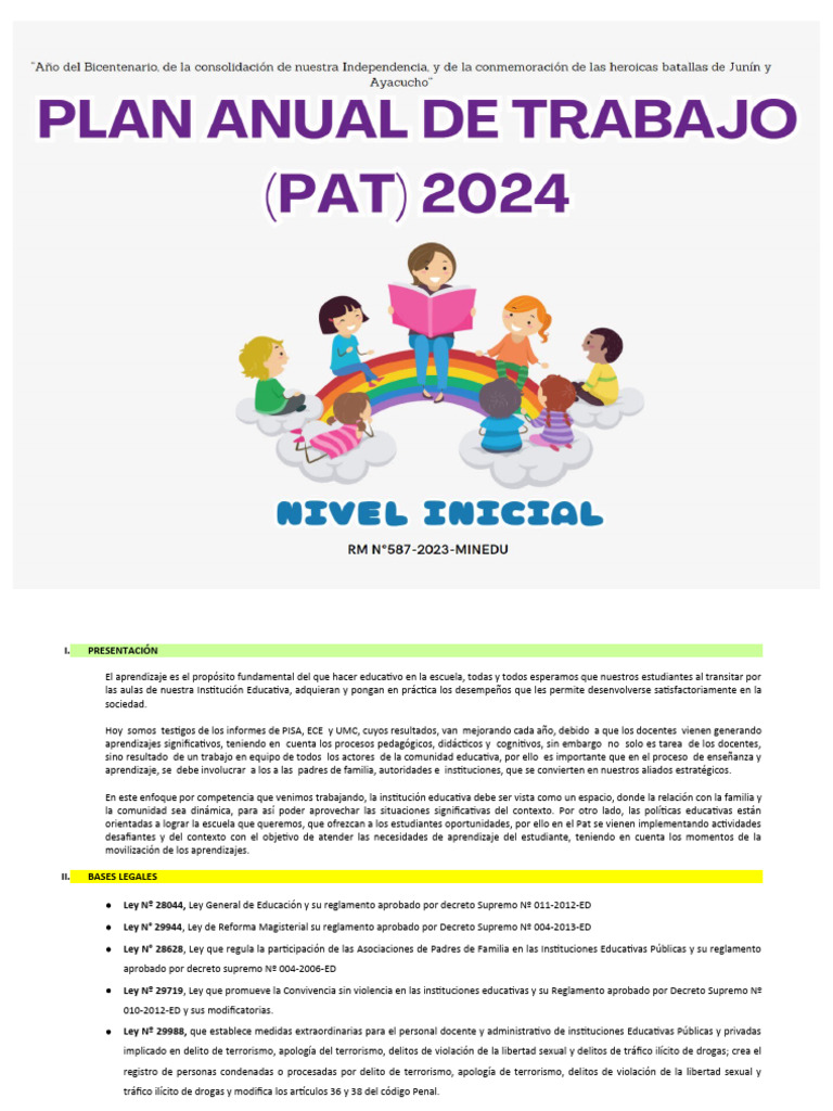 Plan Anual de Trabajo 2024 Inicial (Pat) RM - 587 | PDF | Enseñando | Maestros