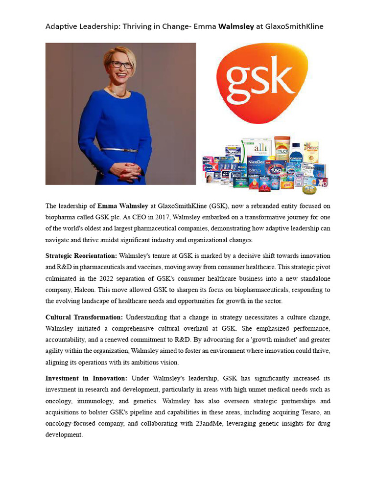 Adaptive Leadership: Thriving in Change-Emma Walmsley at Glaxosmithkline | PDF | Leadership ...