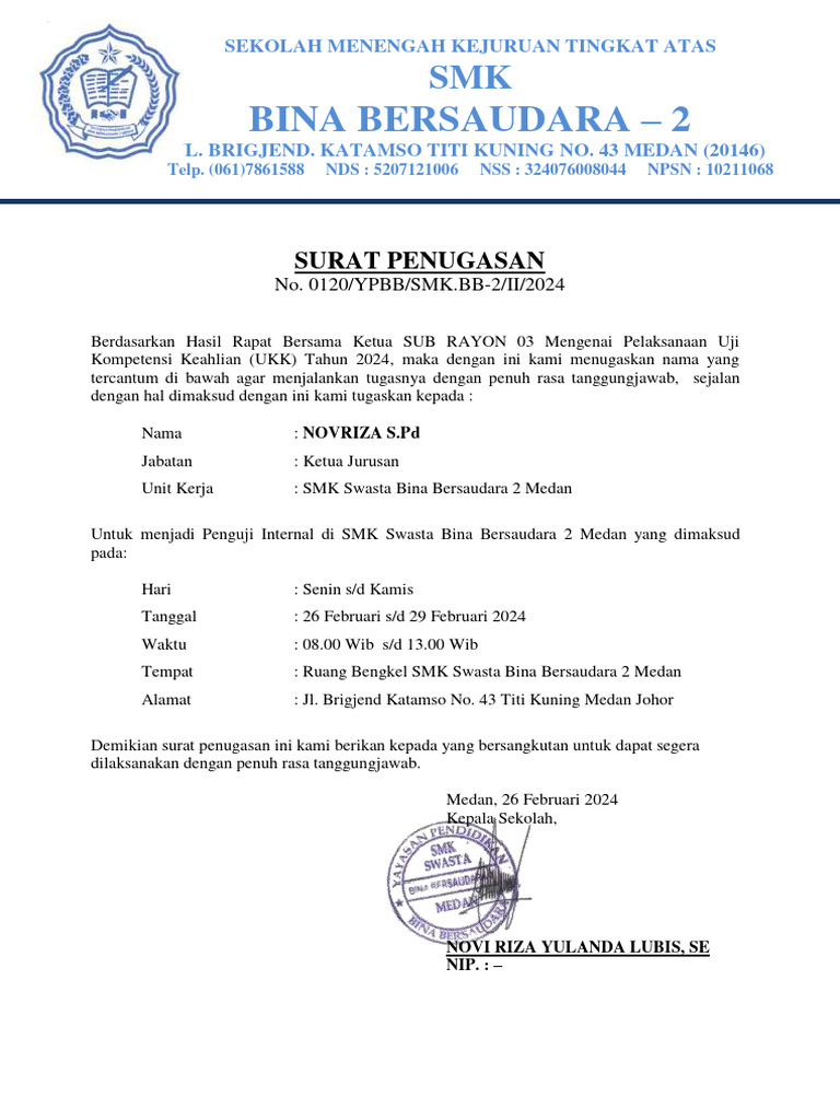 Surat Penugasan Penguji Internal SMK BB-2 | PDF