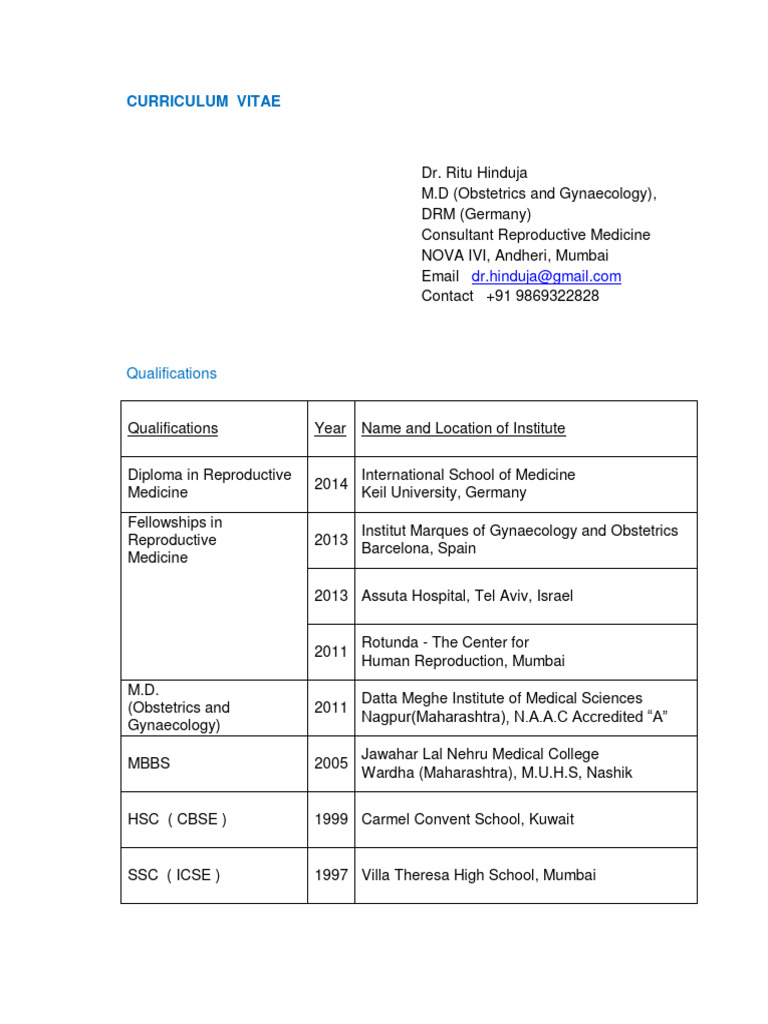 Ritu Hinduja CV DRM New 1 | PDF | In Vitro Fertilisation | Obstetrics