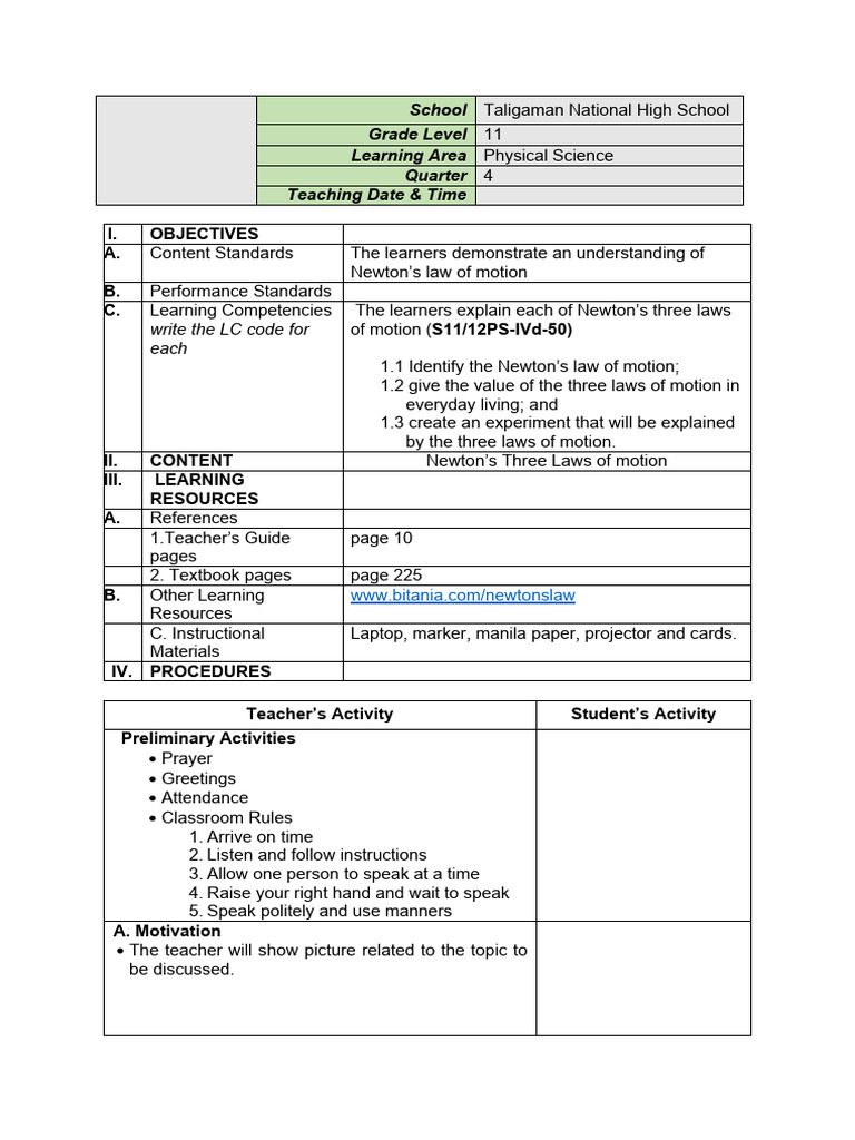 DETAILED LESSON PLAN - Newton's Laws of Motion | Download Free PDF ...