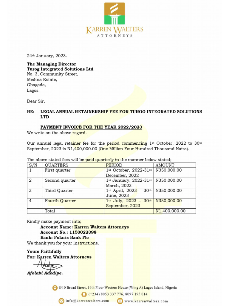 Retainership Invoice For Turog Integrated Solutions LTD 2022-2023 | PDF