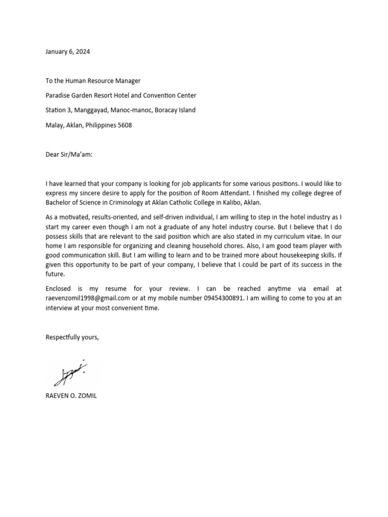 Application Letter - Paradaise Garden Resort - Raeven Zomil | PDF ...