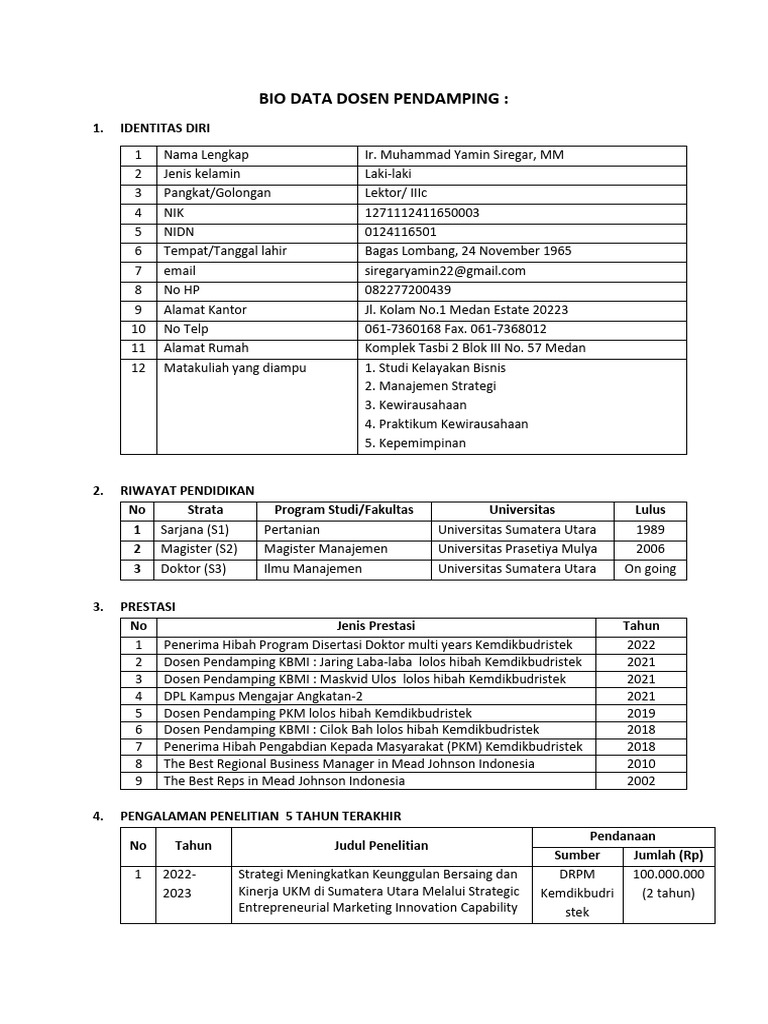 Bio Data Dosen Pendamping | PDF