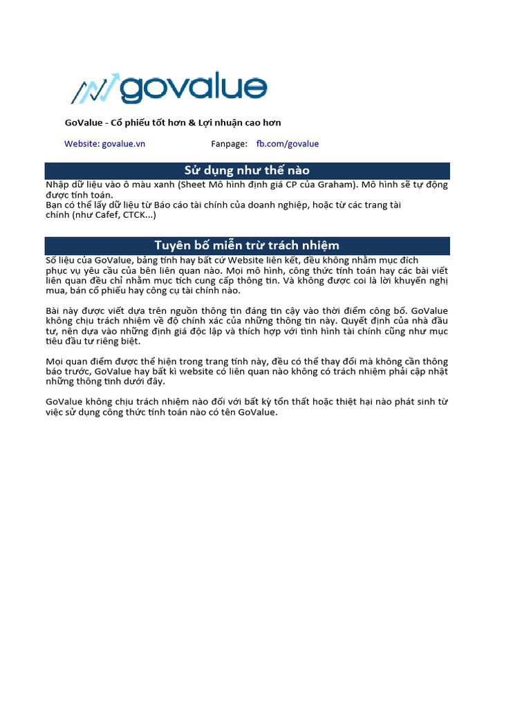File Excel Dinh Gia Co Phieu Theo Cong Thuc Benjamin Graham | PDF