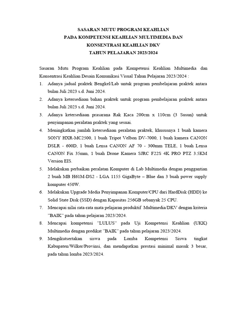 Sasaran Mutu Program Multimedia 2023/2024 | PDF