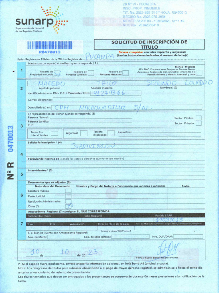 Inscripcion de Partida en Sunarp-Macedo-Subdivision | PDF