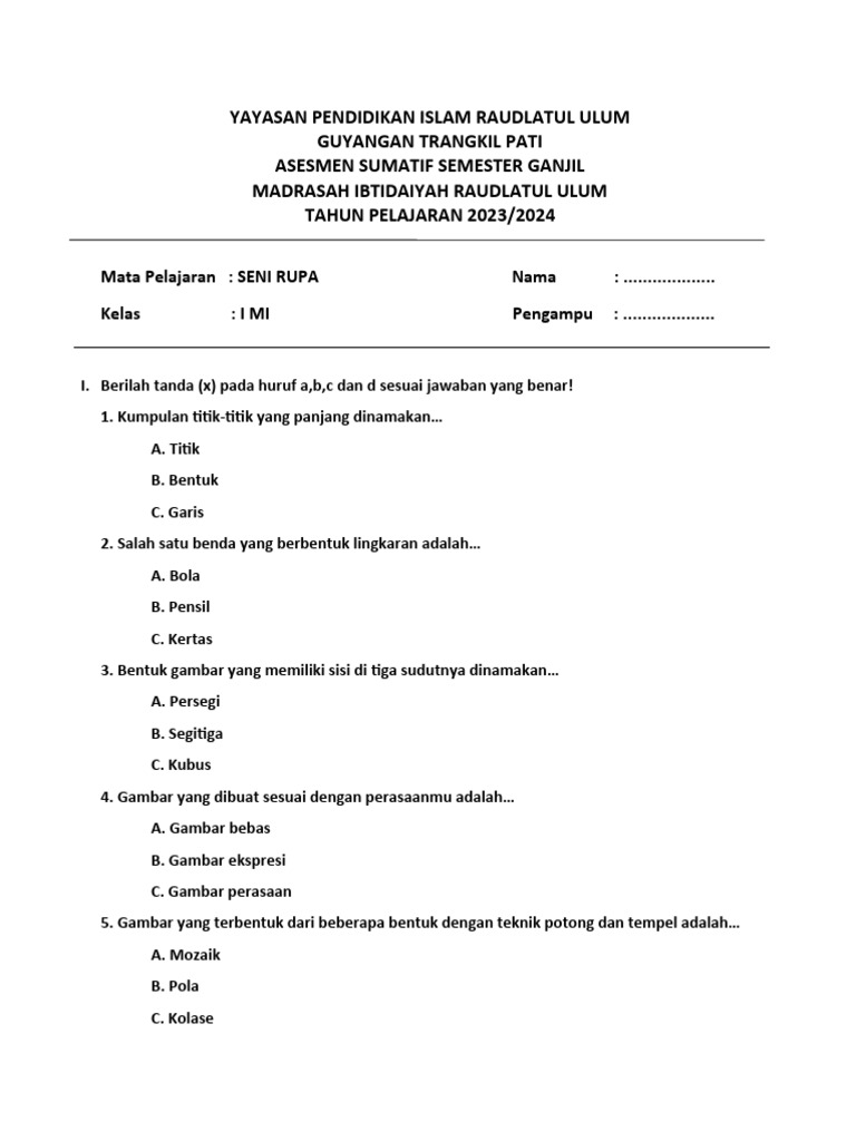 Soal Seni Rupa Kelas 1 SD Kurikulum Merdeka - Docx.tazqi | PDF