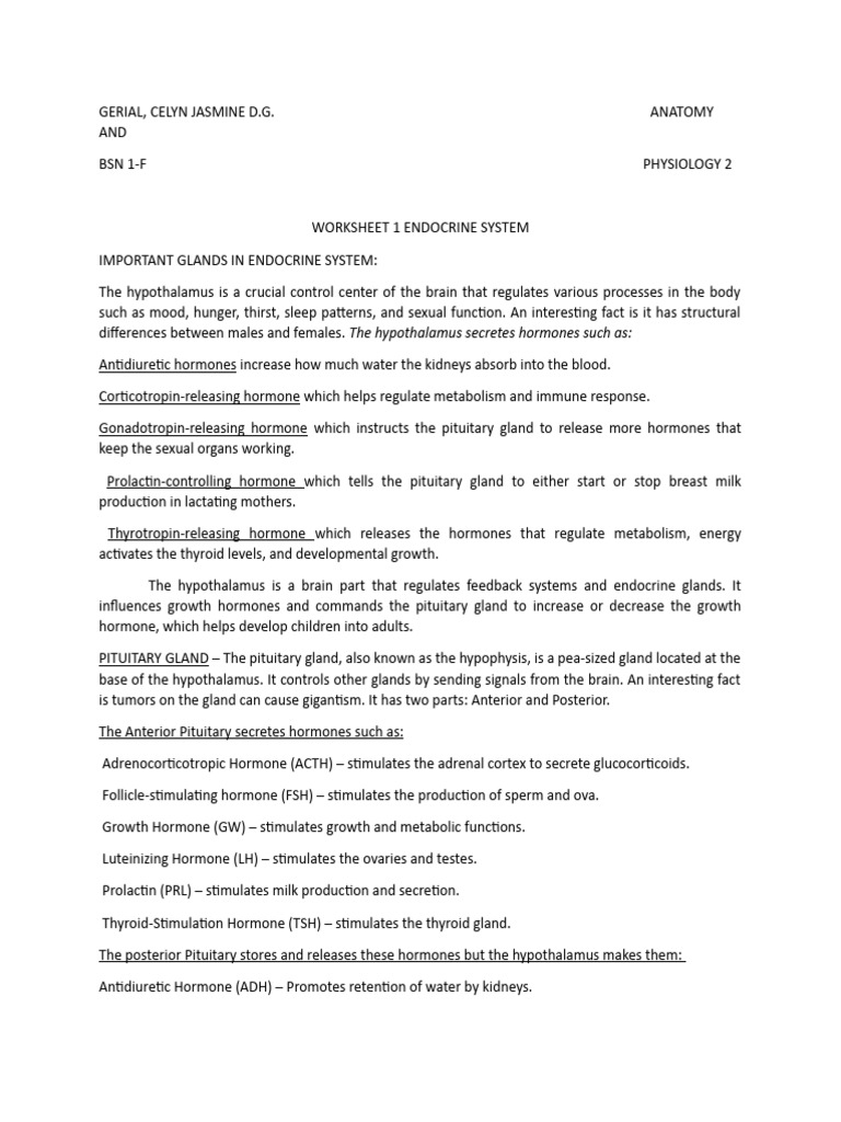 Worksheet 1, Anaphy | PDF | Adrenal Gland | Endocrine System