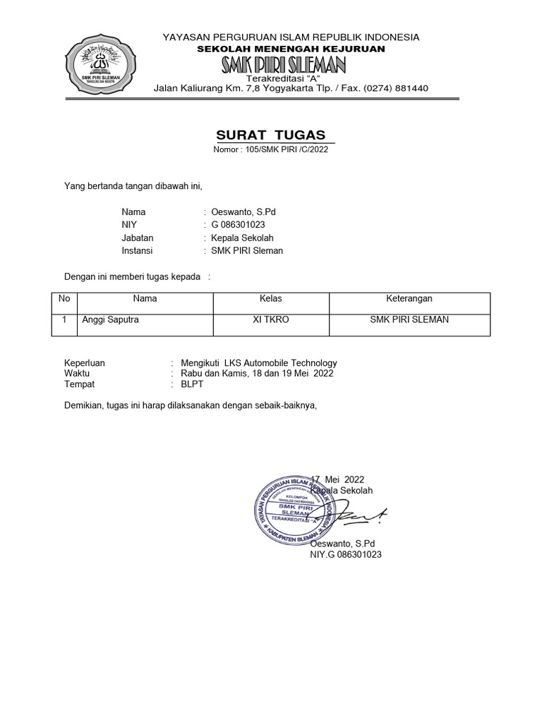 Surat Tugas LKS Akreditasi 2022 Butir 52 | PDF