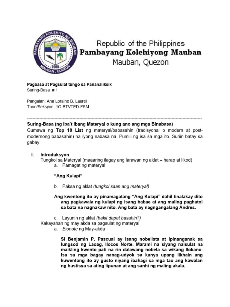 Ana Loraine Laurel Suring Basa 1 | PDF