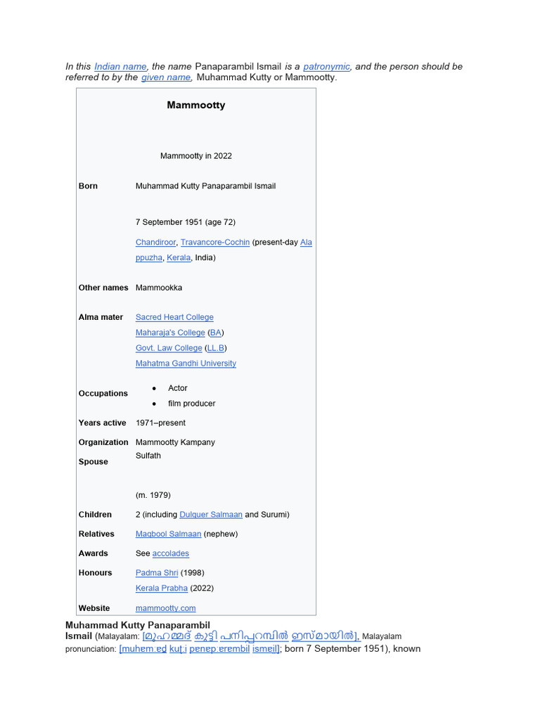 Mammootty: Indian Name Patronymic Given Name | PDF | Cinema Of India