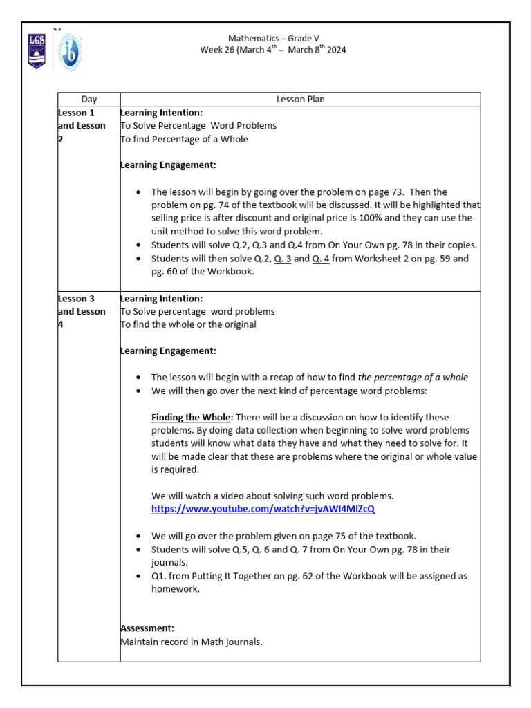 Grade 5 Math Lesson Plan: Percentages | PDF | Worksheet | Science