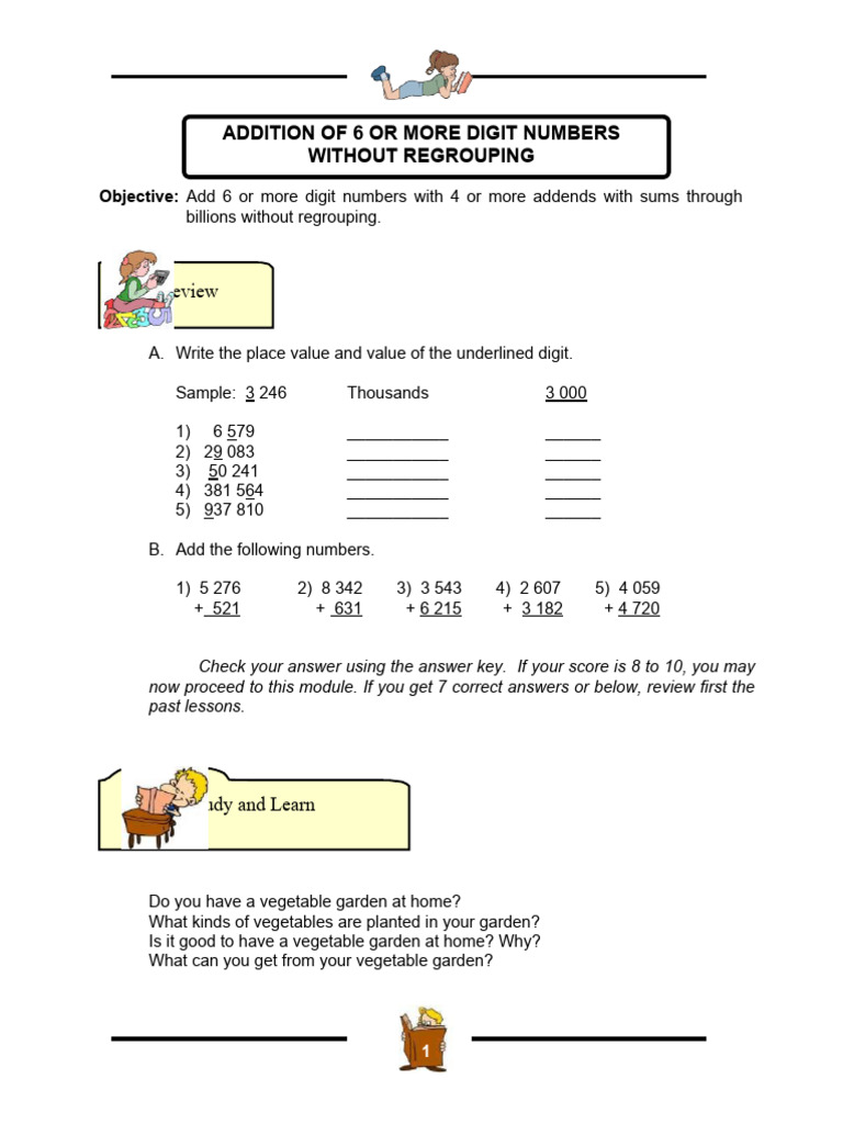 03 - Addition of 6 or More Digit Numbers Without Regrouping | PDF ...