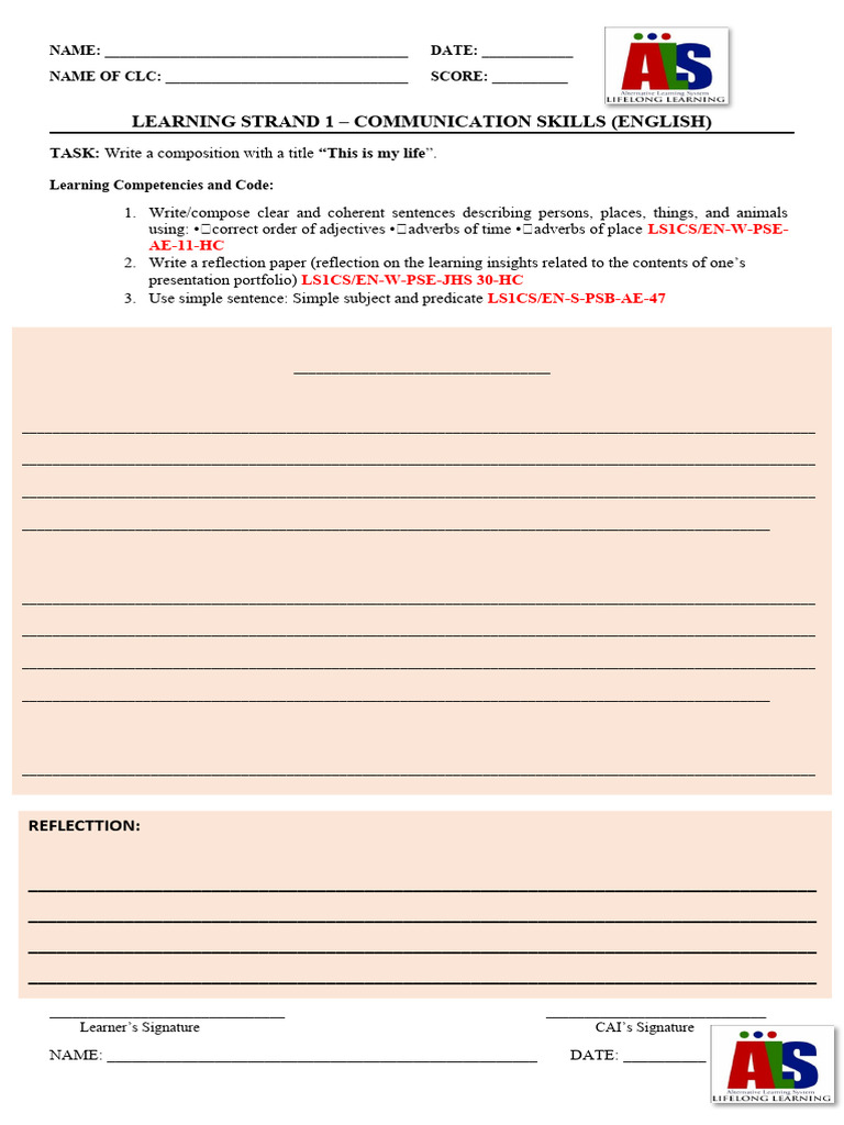 LS1 English Work Sample 1 5 | PDF | Communication | Learning