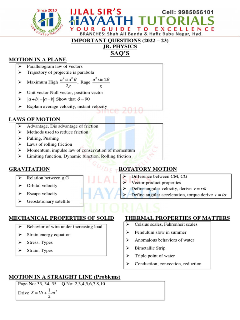 JR PHYSICS Most Important 2023 RAFI SIR | PDF | Velocity | Quantity