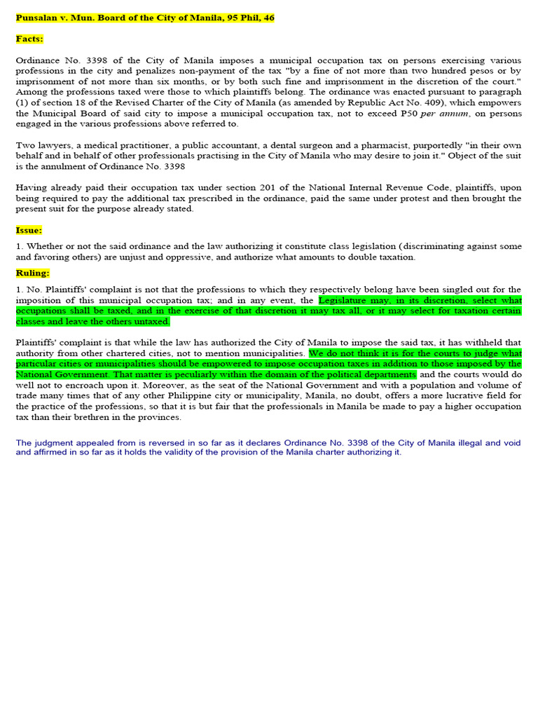 Punsalan v. Mun. Board of The City of Manila, 95 Phil, 46 | PDF | Taxes ...