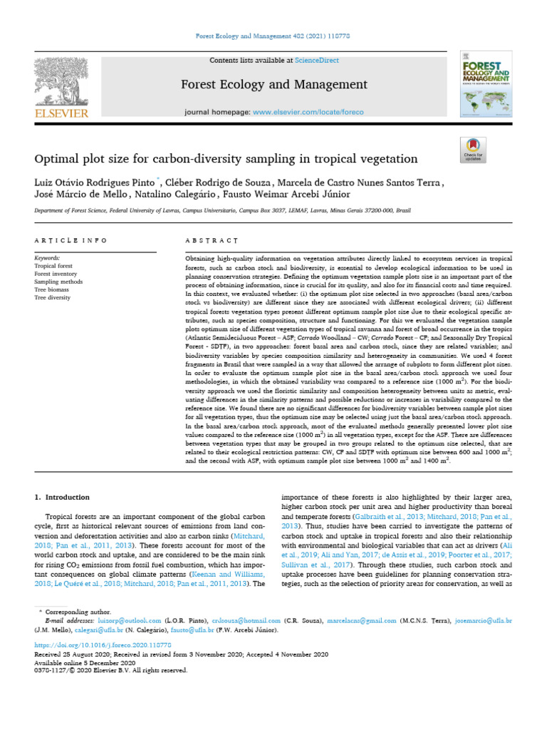 Carbon Optimal Plot Size For Carbon-Diversity Sampling in Tropical Vegetation 2020 | Download ...