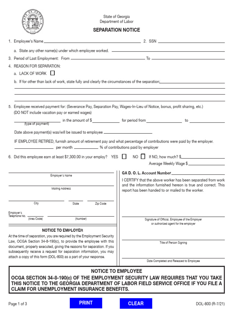 Georgia Separation Notice Form DOL-800 | PDF | Employment ...