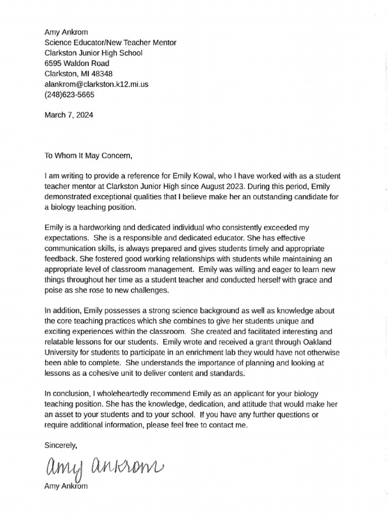 Emily Kowal Reference Letter | PDF