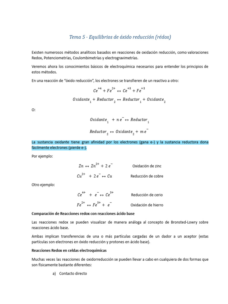 Tema 5 - Equilibrio rédox | PDF | Redox | Electrodo