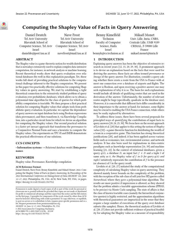 Computing The Shapley Value of Facts in Query Answering: Daniel Deutch ...