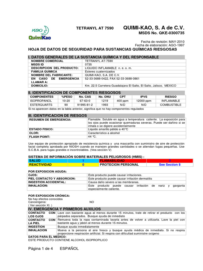 Hoja de Seguridad Tetranyl AT-7590 | PDF | Agua | Incendios