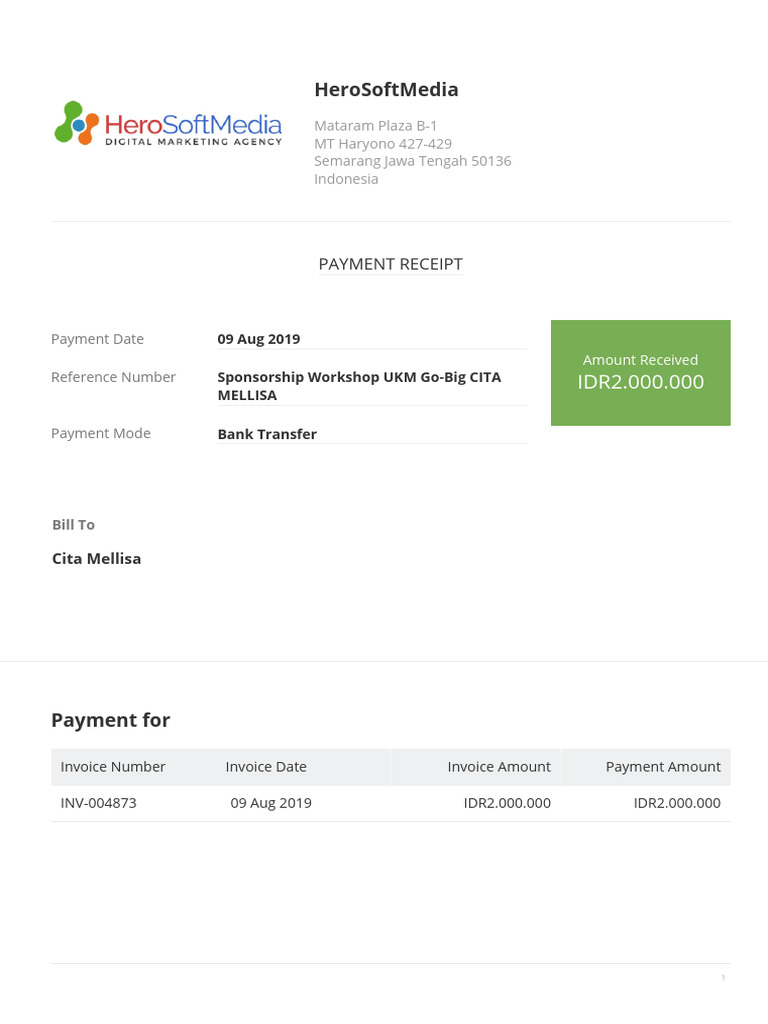 Payment Receipt for Workshop Sponsorship | PDF