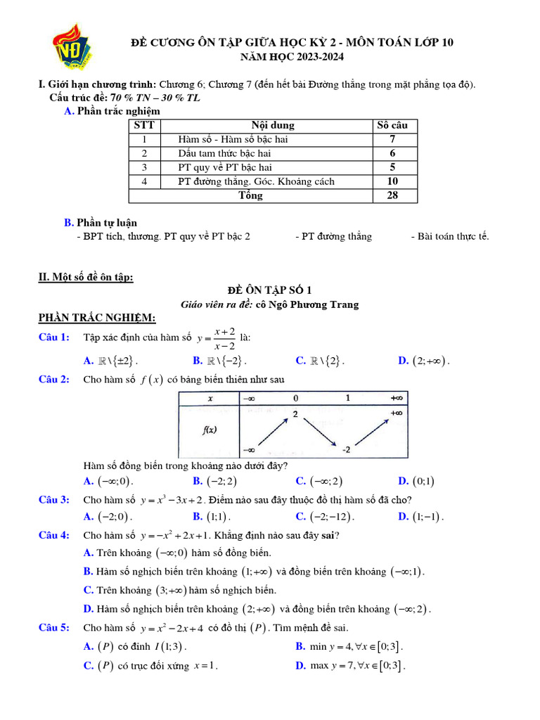 03 de On Tap Giua Ki 2 Toan 10 Nam 2023 2024 Truong THPT Viet Duc Ha Noi | PDF