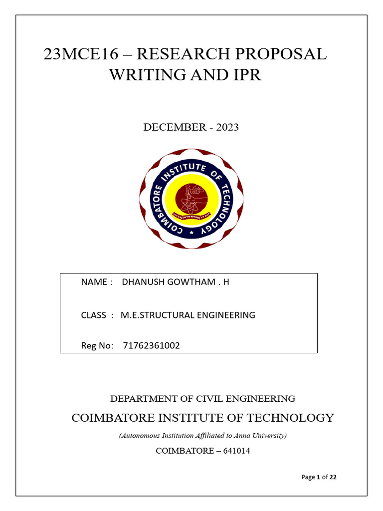 23mce16 - Research Proposal Writing and Ipr: DECEMBER - 2023 | PDF | Soil | Geotechnical Engineering