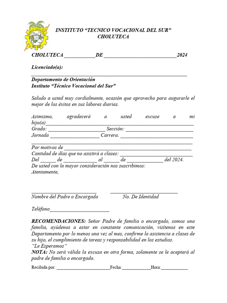 Formato de Excusa 2024 | PDF