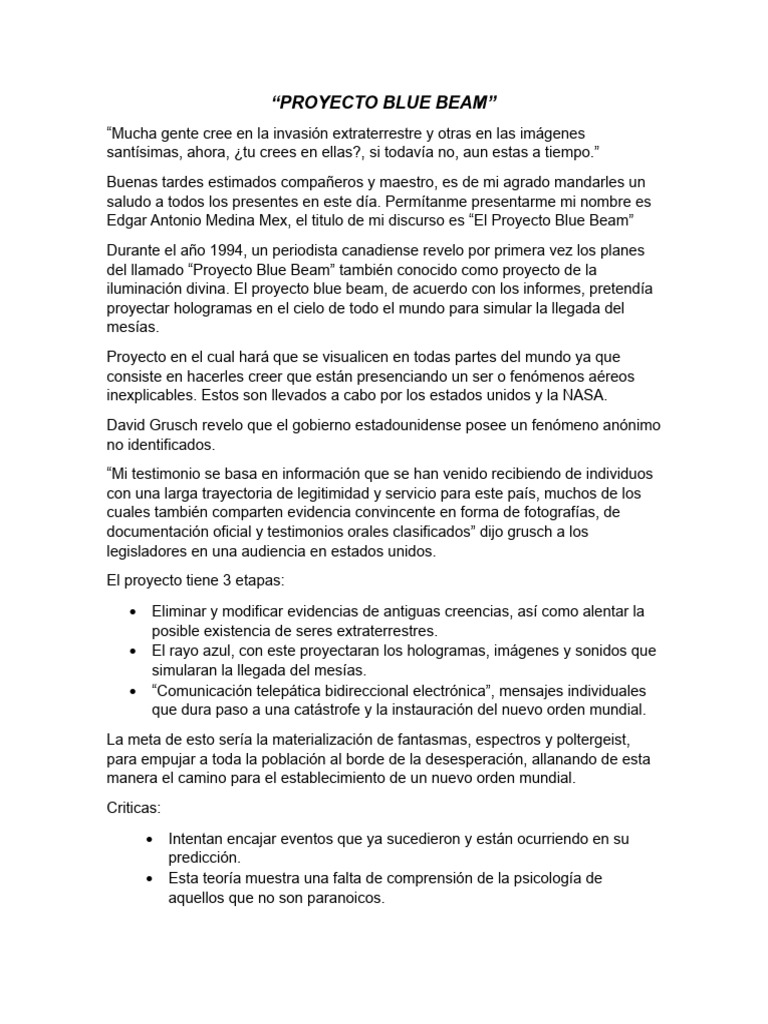Discurso Proyecto Blue Beam Medina Mex Edgar Antonio | PDF | Teoría ...